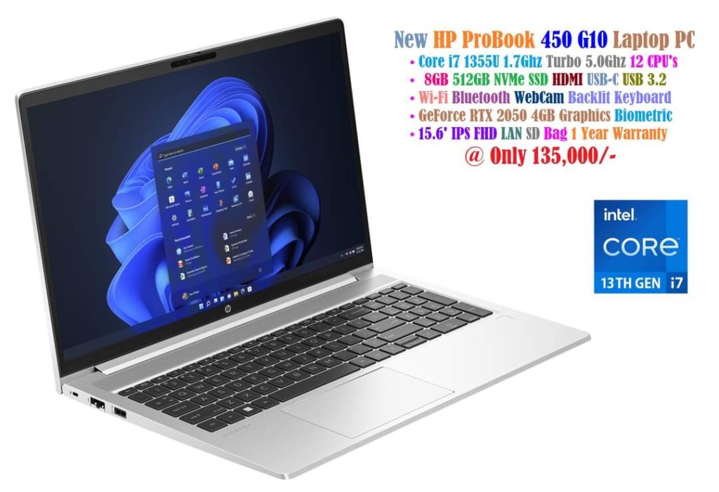 New HP ProBook 450 G10 Laptop PC Core i7 1355U 1.7Ghz 12 CPUs 8GB 512GB NVMe SSD 15.6′ FHD ...